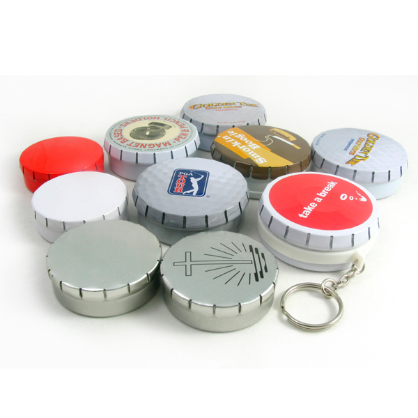 small round click clack mint candy tin box