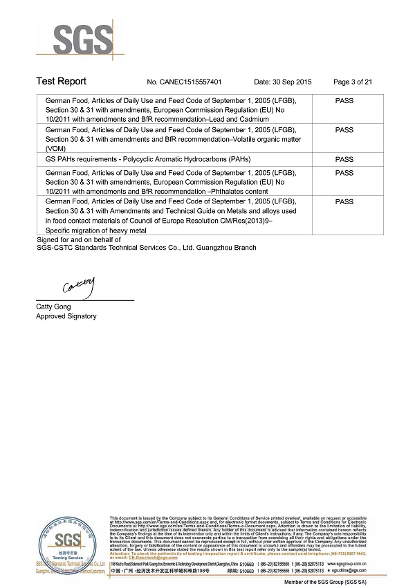Food Safe SGS Test Report